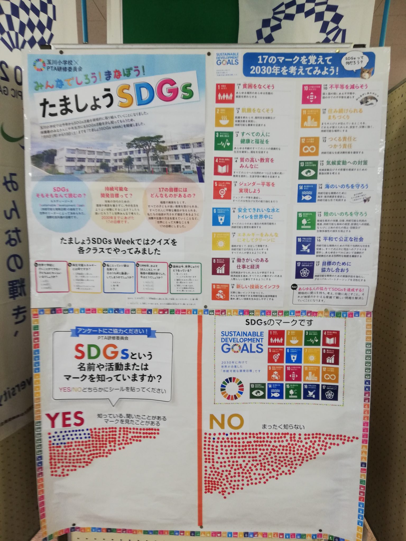 SDGSの取り組みを中央玄関に展示しています | 玉川小学校PTA